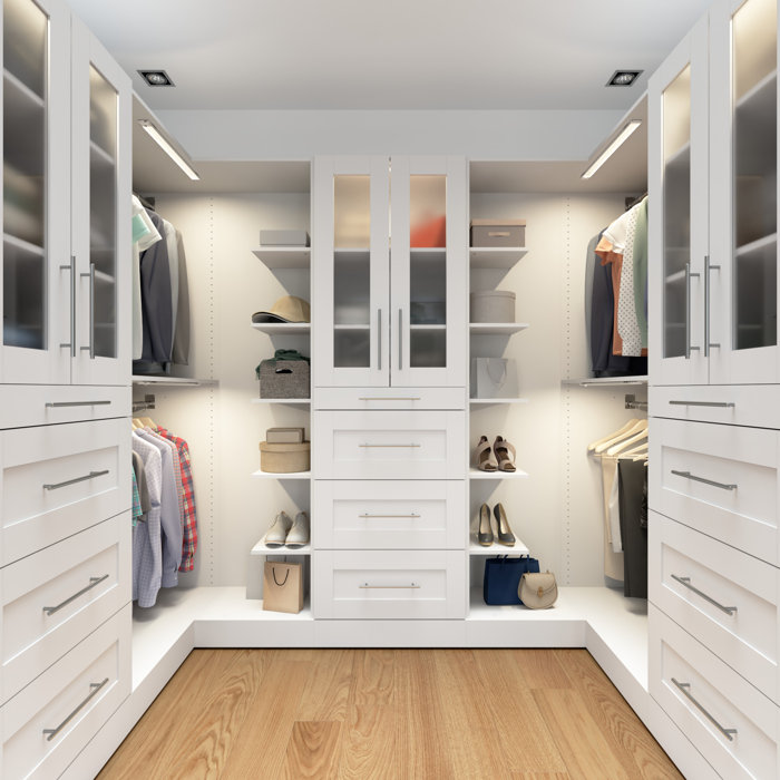 Bestar Florence113w X 61D Modular U Shaped Walk-In Closet System With LED Lights, Rods, Shelves ...